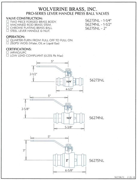 Wolverine Brass ProSeries Straight Ball Valve - 1-1/2" Press